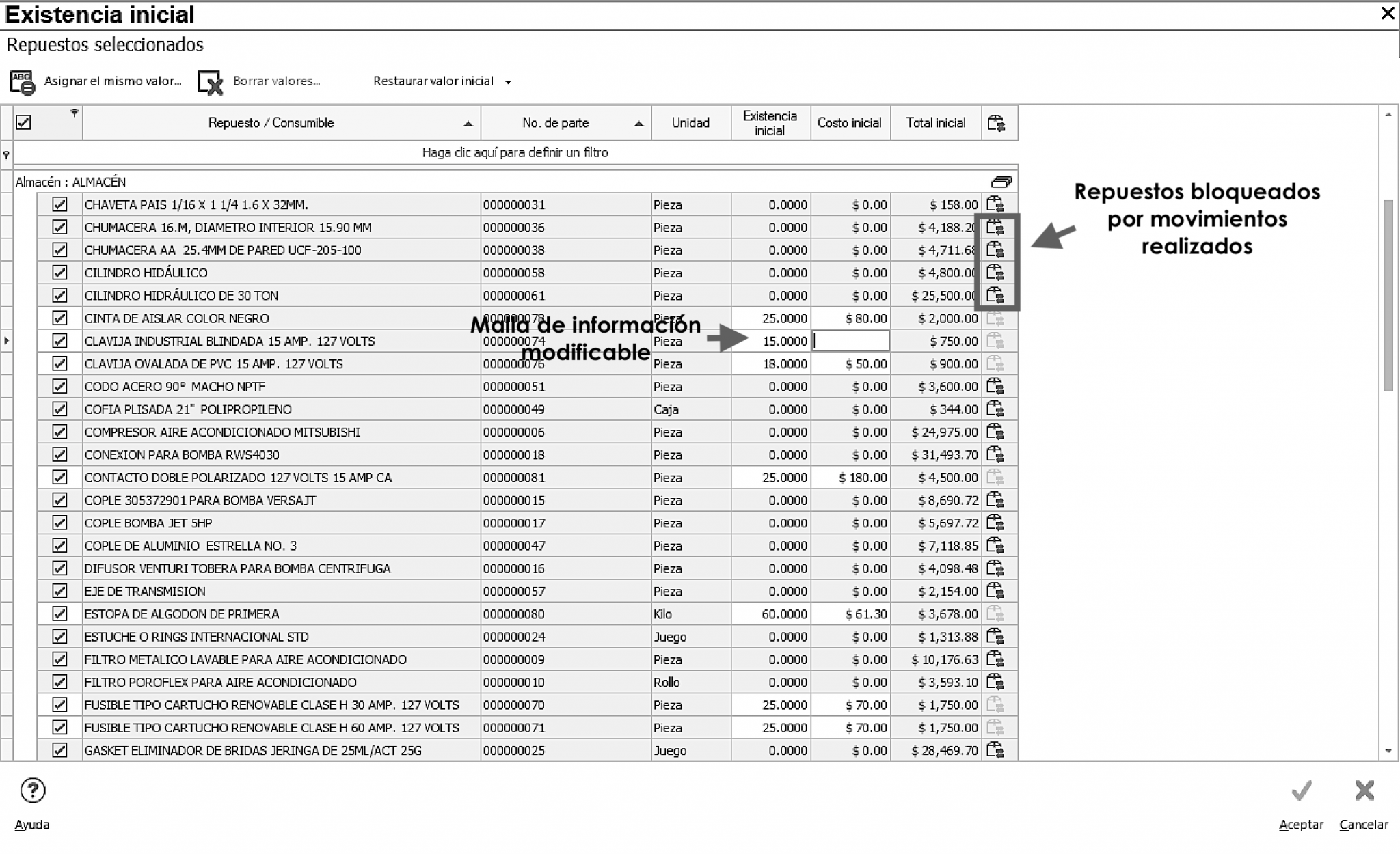 Registro de existencias iniciales, costos iniciales y localizaciones ...