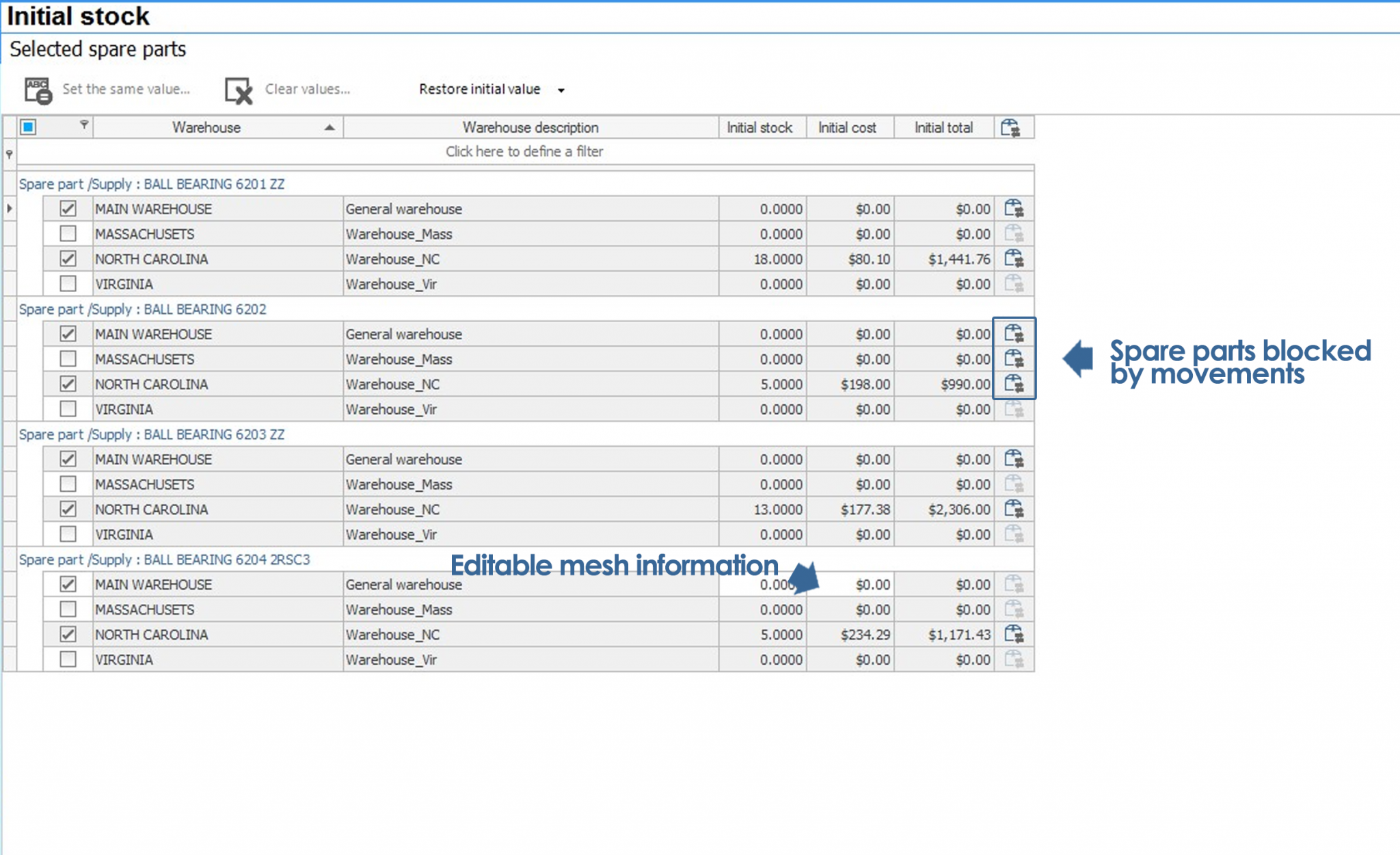Registro de existencias iniciales, costos iniciales y localizaciones ...